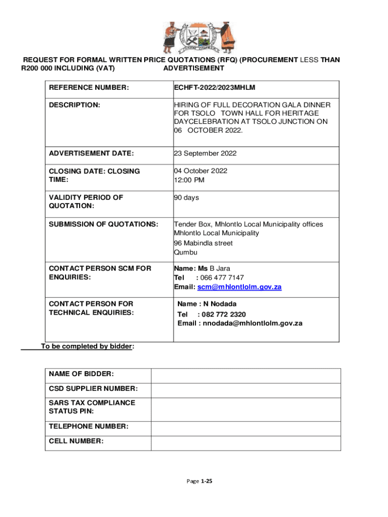 Fillable Online REQUEST FOR FORMAL WRITTEN PRICE QUOTATIONS (RFQ ...