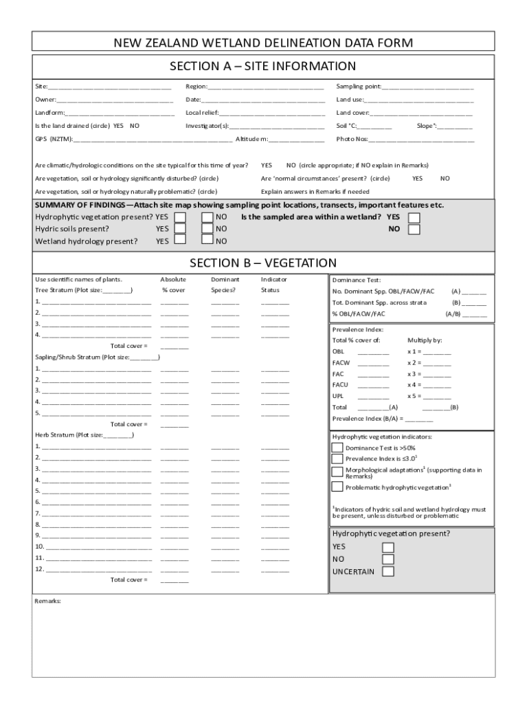 Fillable Online new zealand wetland delineation data form: pasture test ...
