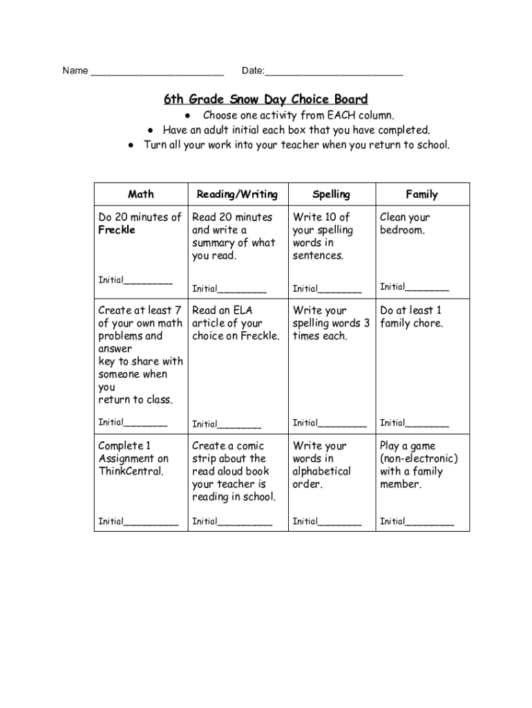 Fillable Online Choose one activity from EACH column Fax Email Print ...