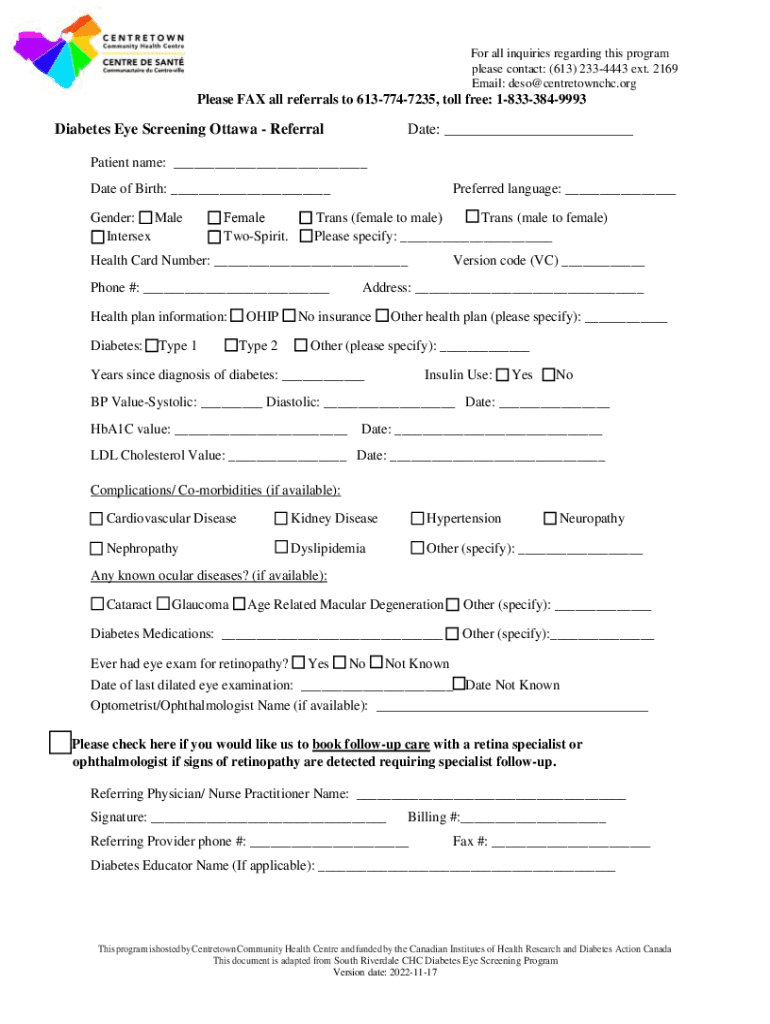 Fillable Online Diabetes Eye Screening Ottawa - English - Self-referral ...