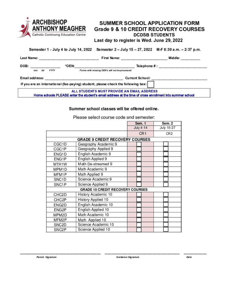 Fillable Online SUMMER SCHOOL ACCELERATED COURSE APPLICATION ... Fax ...