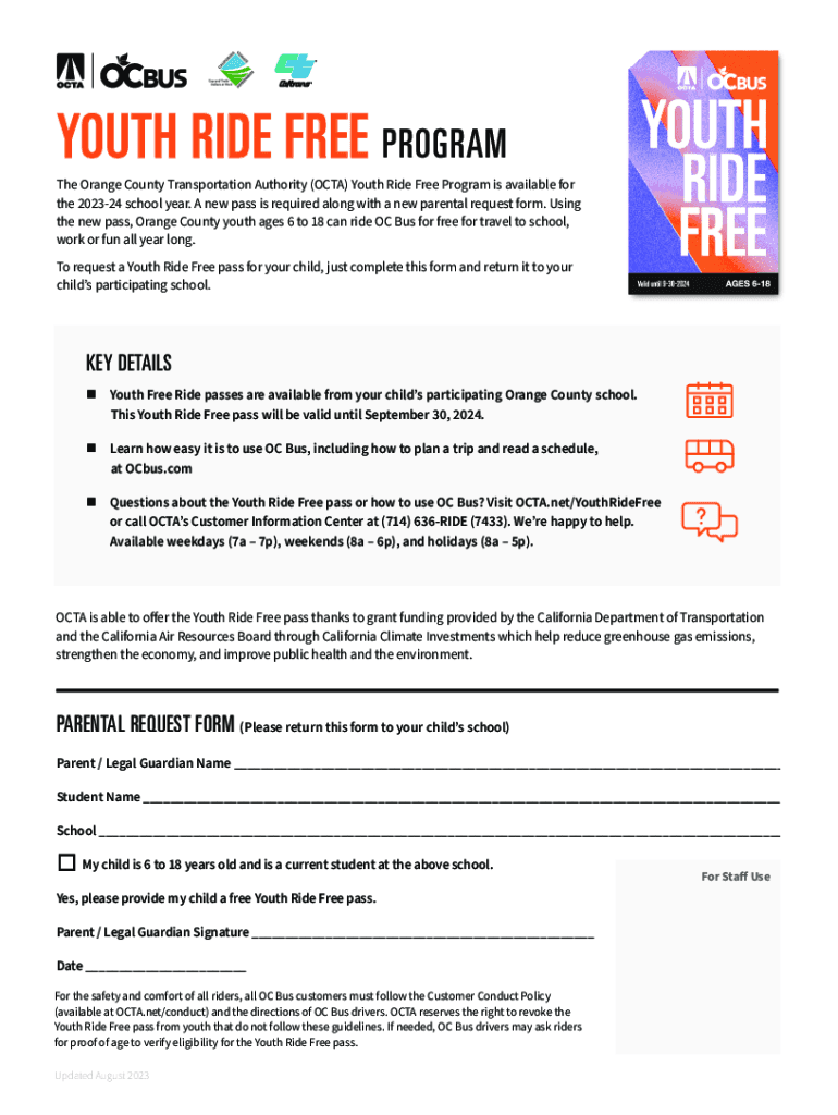 Fillable Online Youth Ride Free - Parental Request Form. Youth Ride ...