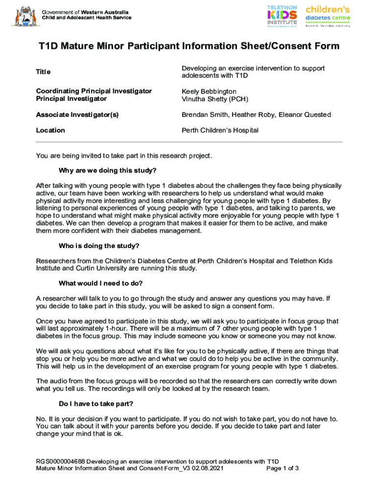 Fillable Online T1D Mature Minor Participant Information Sheet/Consent ...