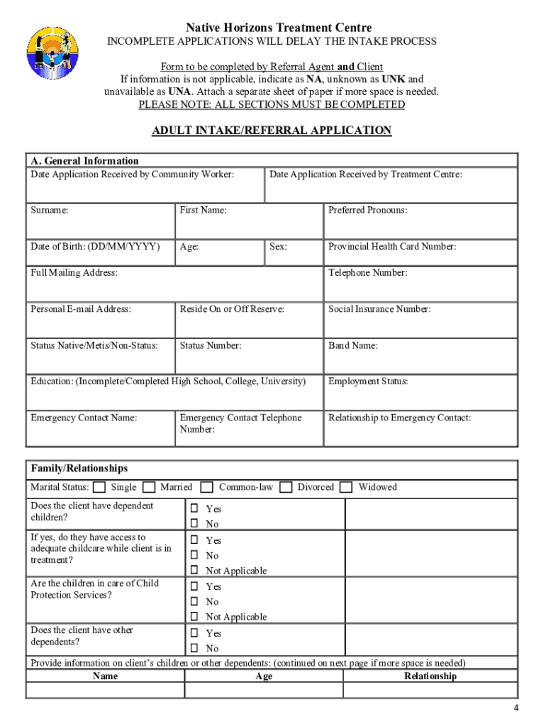 Fillable Online Fillable Online Native Horizons Treatment Centre Fax ...