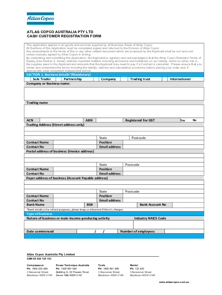 Fillable Online atlas copco australia pty ltd cash customer ...