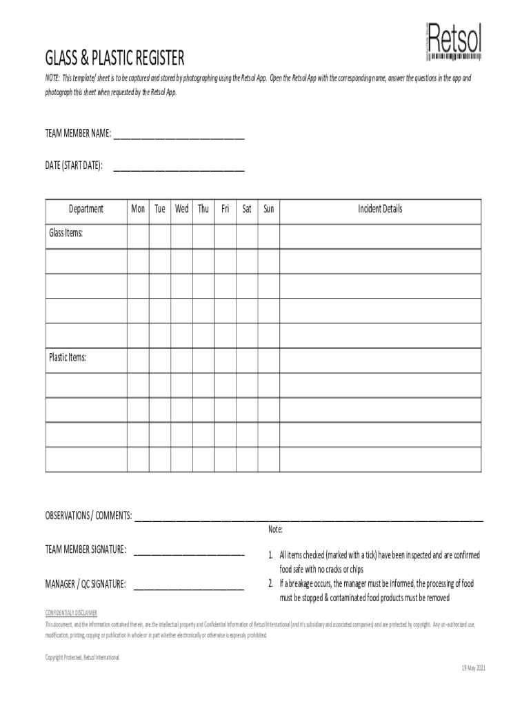 Fillable Online GLASS & PLASTIC REGISTER Fax Email Print - pdfFiller