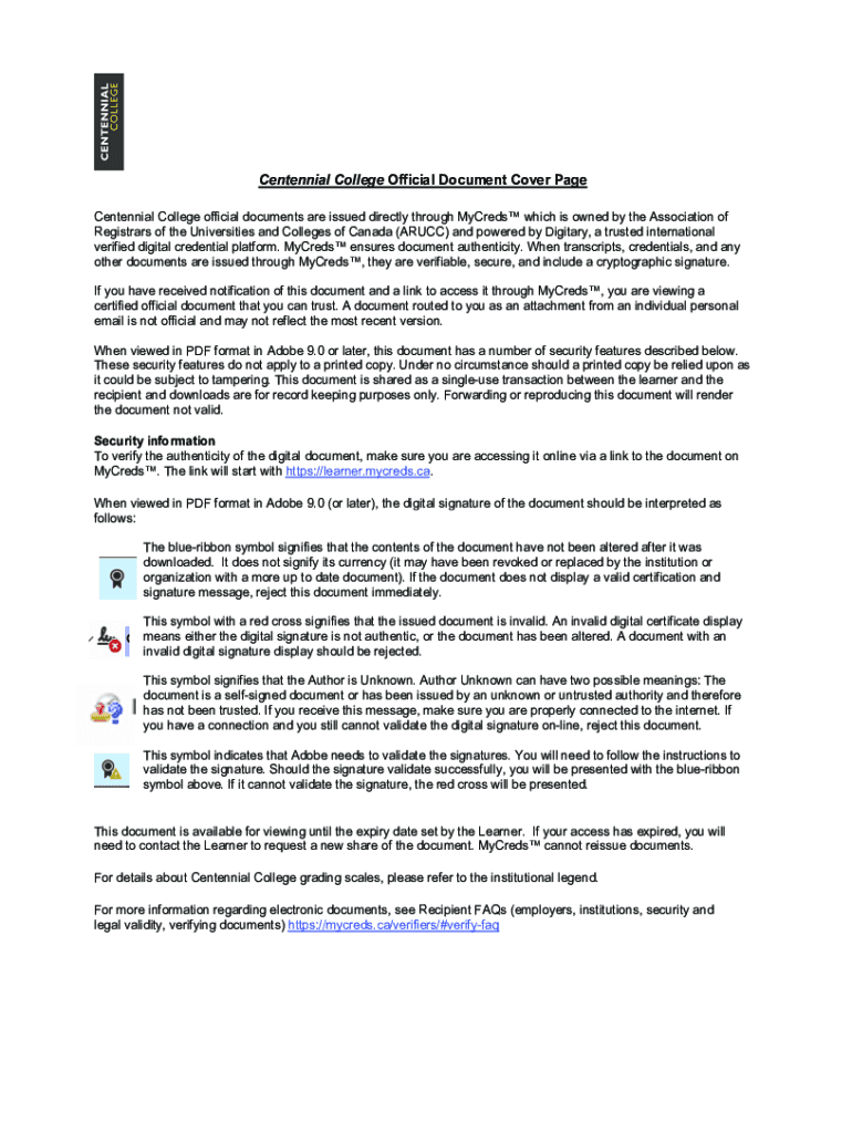 Fillable Online Centennial College Official Document Cover Page - Dongli Fax Email Print - pdfFiller