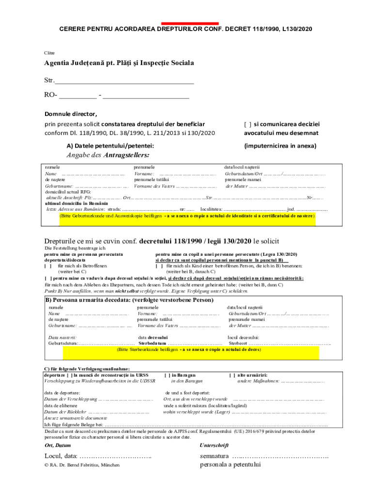 Formular Cerere Pentru Acordarea Drepturilor Conf Decret 118 1990 L130 ...