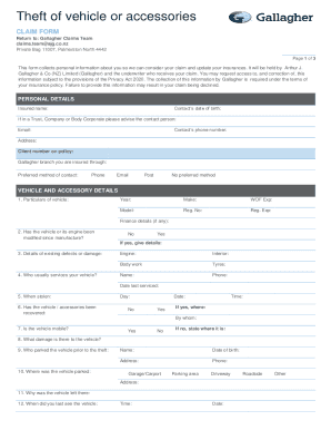 Fillable Online Personal Theft of Vehicle or Accessories Claim Form Fax ...