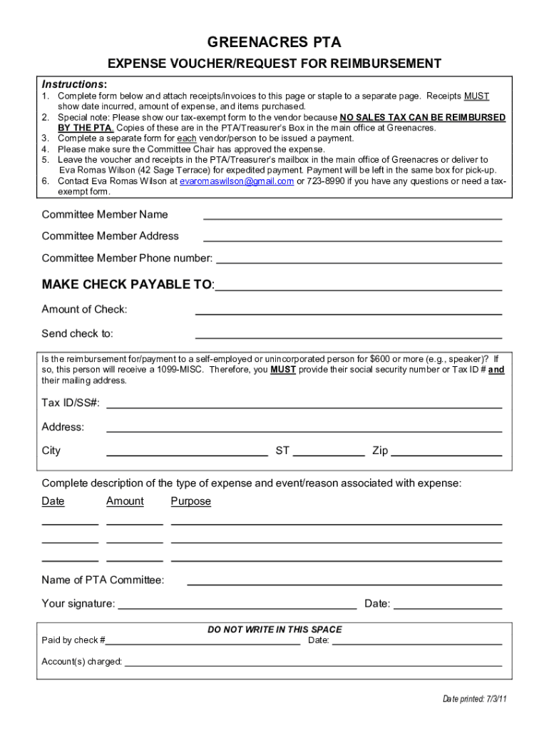 Fillable Online PTA Expense Reimbursement Template Fax Email Print ...