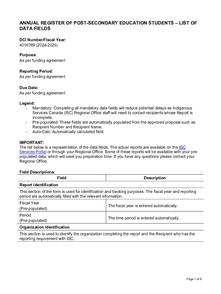 Fillable Online ANNUAL REGISTER OF POST SECONDARY EDUCATION STUDENTS