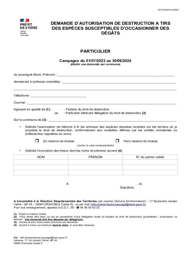 Remplissable En Ligne DEMANDE D'AUTORISATION DE DESTRUCTION A TIRS ... Fax Email Imprimer ...