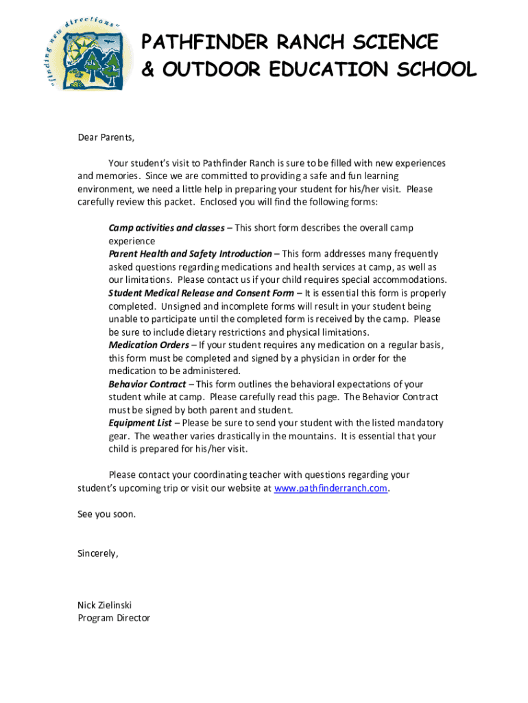 Fillable Online Pathfinder Ranch Science & Outdoor Education School Fax ...
