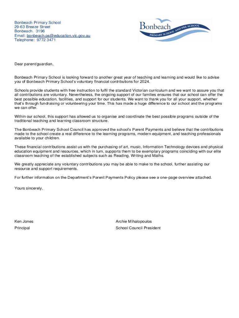 Fillable Online Bonbeach Primary School and Pre-SchoolMelbourne VIC Fax ...
