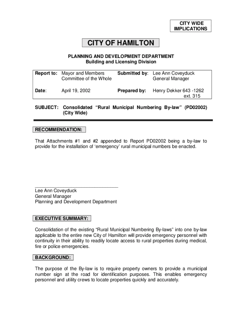 Fillable Online Consolidated Rural Municipal Numbering By-law (PD02002) (City Wide) Fax Email ...