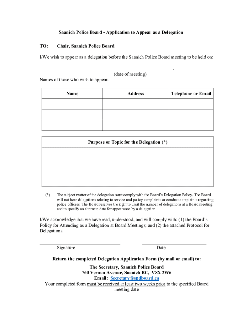 Fillable Online Appearing as a DelegationSaanich Police Department Fax ...
