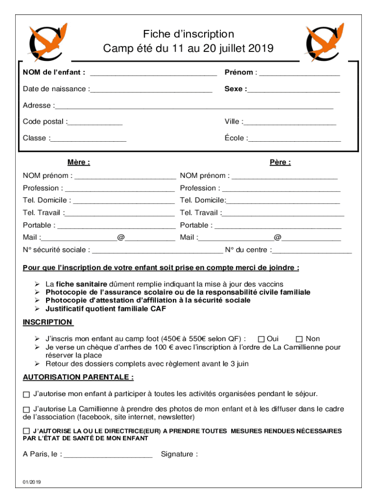 Remplissable En Ligne Formulaire d'inscription Camps de jour Fax Email Imprimer - pdfFiller