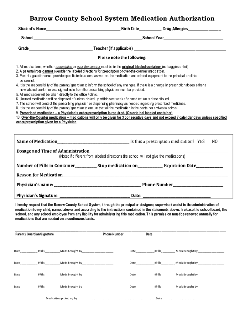 Fillable Online Barrow County School System Medication Authorization ...