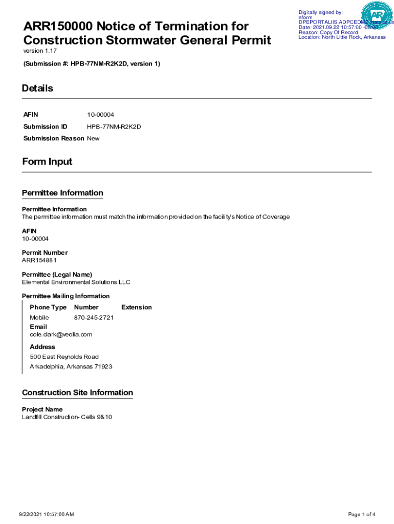 Fillable Online ARR150000 Notice of Termination for Construction ...