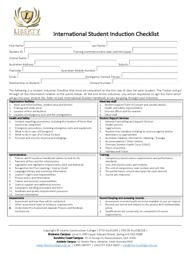 Fillable Online International Student Induction Checklist Fax Email ...