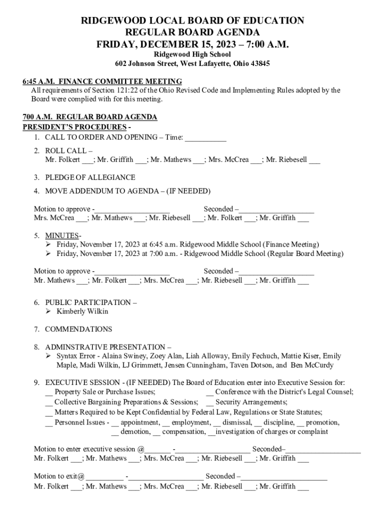 Fillable Online Ridgewood Board of Education - West Lafayette Fax Email Print - pdfFiller