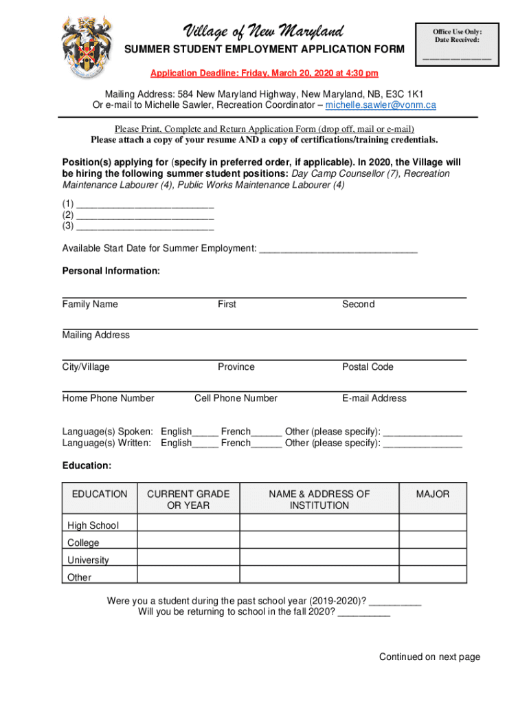 Fillable Online Summer Student EmploymentVillage of New Maryland Fax Email Print - pdfFiller