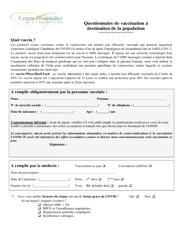 Remplissable En Ligne Questionnaire de vaccination destination de la population Fax Email ...
