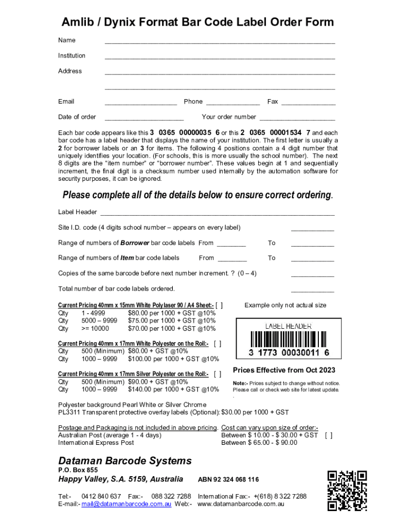 Fillable Online Amlib / Dynix Format Bar Code Label Order Form Fax ...