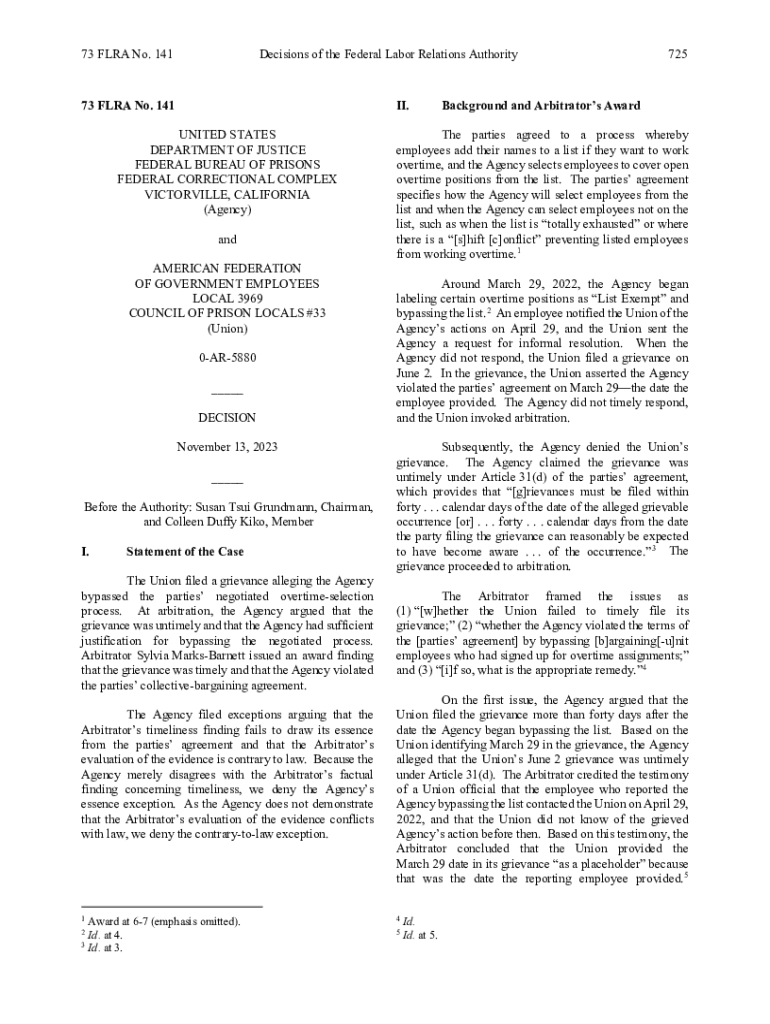 Fillable Online 73 FLRA No. 141 Decisions of the Federal Labor ...