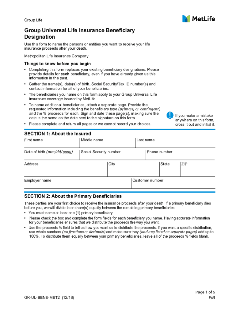 Fillable Online Group Universal Life Insurance Beneficiary Designation ...