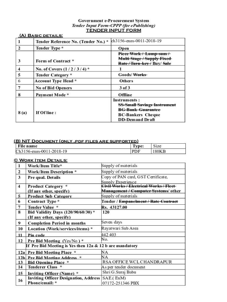 Fillable Online Government e-Procurement System Tender Input Form ...