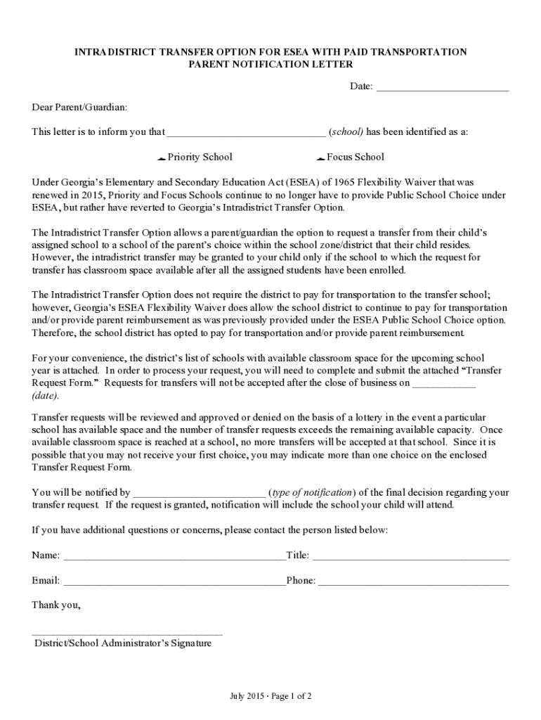 Fillable Online Intradistrict Transfer Parent Notification Letter ...