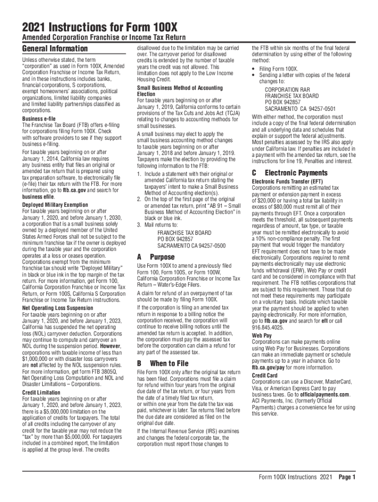 Fillable Online Instructions for Form 100X - California Franchise Tax ...