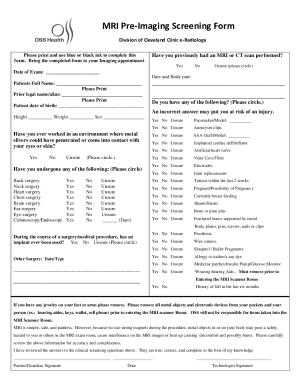 Fillable Online MRI Pre-Imaging Screening Form Fax Email Print - pdfFiller