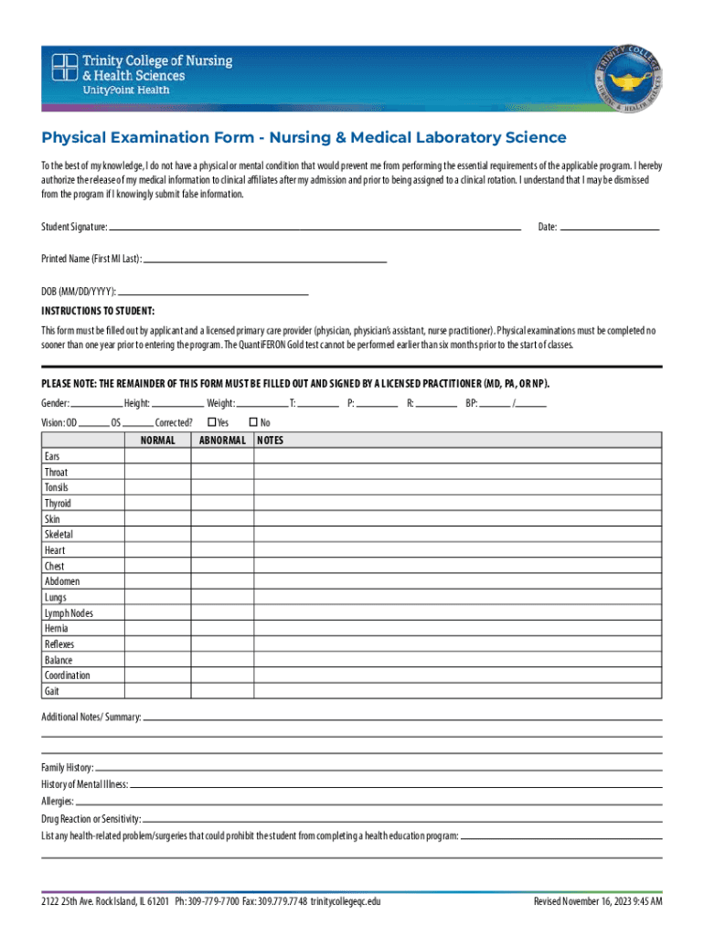 Fillable Online NWTC Nursing Student Physical Examination Form Fax ...