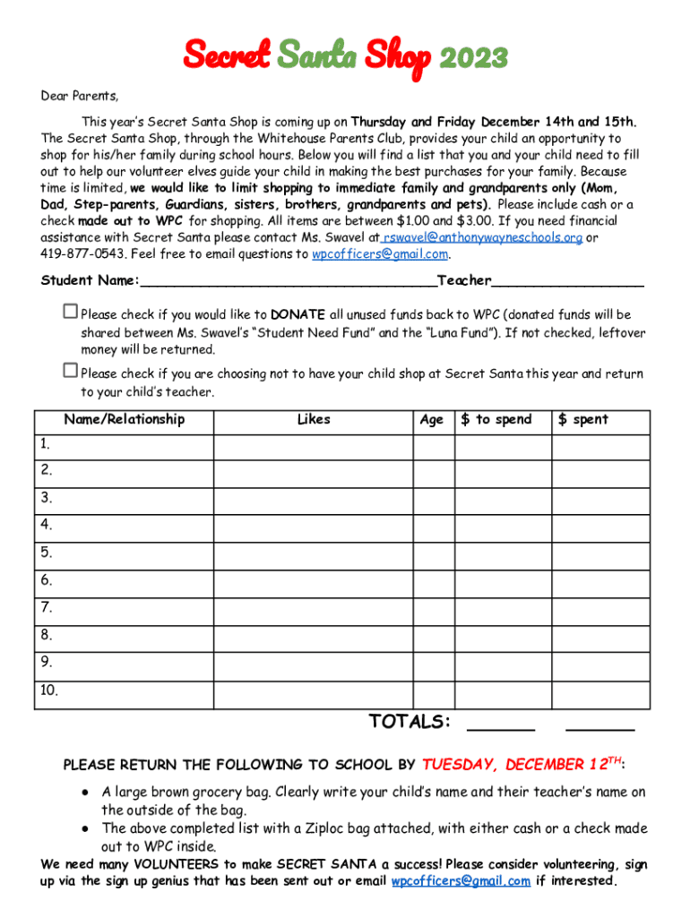 Fillable Online Secret Santa shop - great fun for all the kids at ...