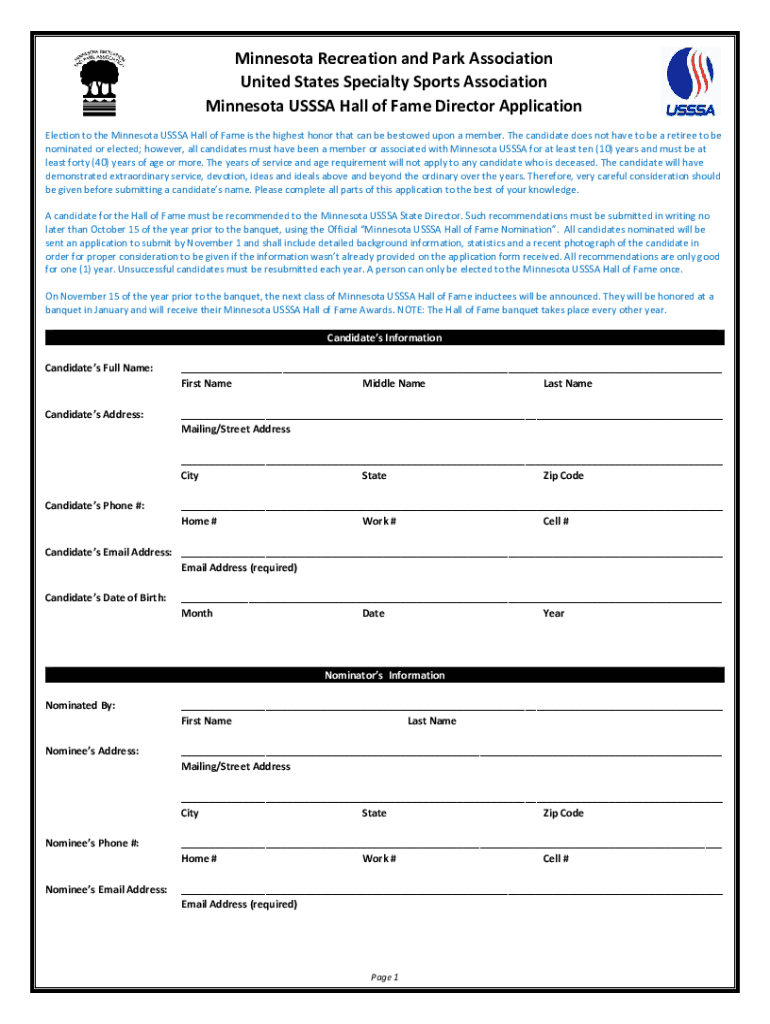 Fillable Online Minnesota USSSA Hall of Fame Director Application Fax ...