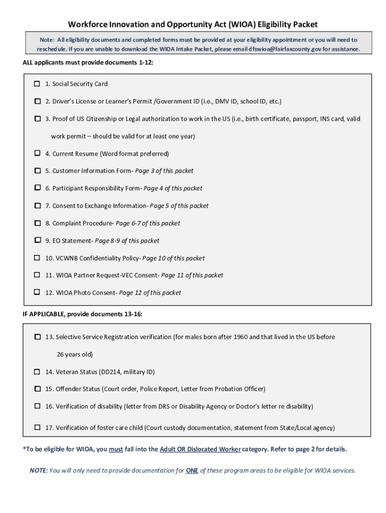 Fillable Online Workforce Innovation and Opportunity Act (WIOA) Welcome ...