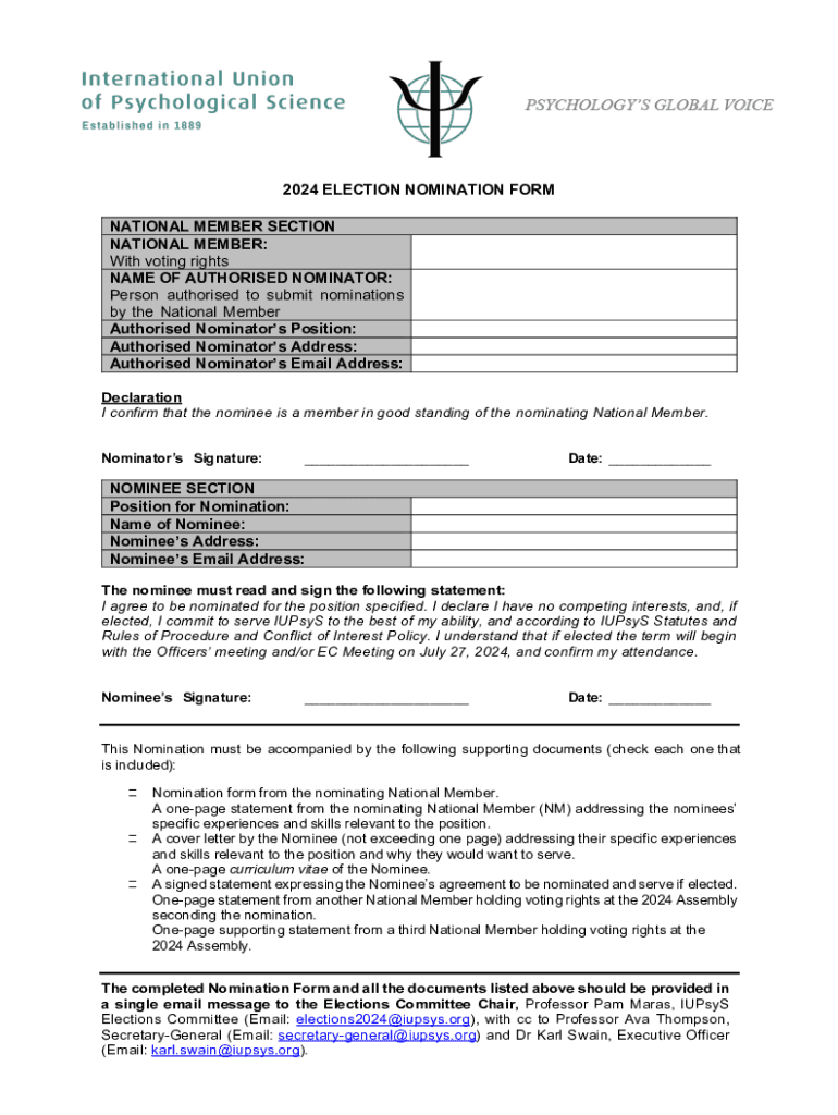 Fillable Online 2024 ELECTION NOMINATION FORM NATIONAL ... Fax Email Print - pdfFiller