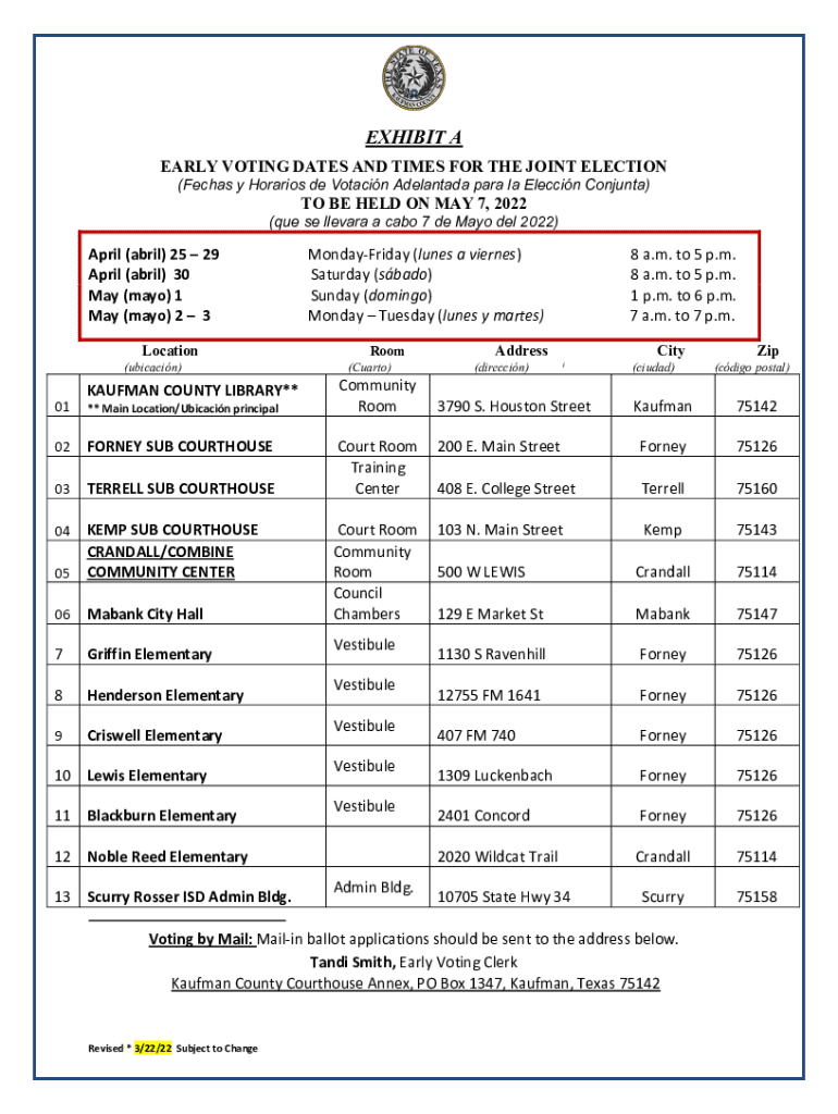Fillable Online EARLY VOTING DATES AND TIMES FOR THE ... Fax Email ...