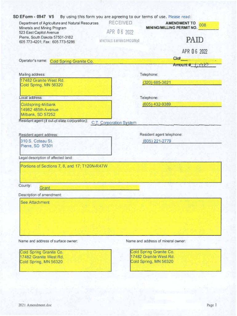 Fillable Online South Dakota Minerals and Mining Exploration - Mine ...