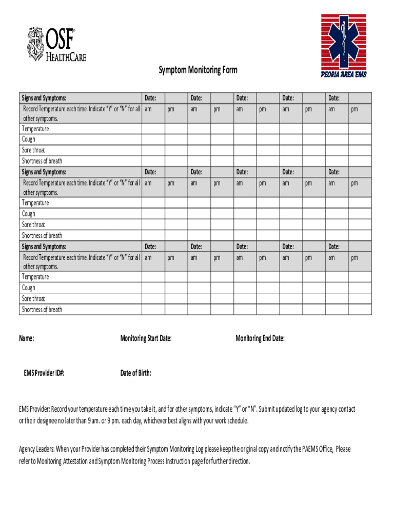 Fillable Online Symptom Monitoring Form Fax Email Print - pdfFiller