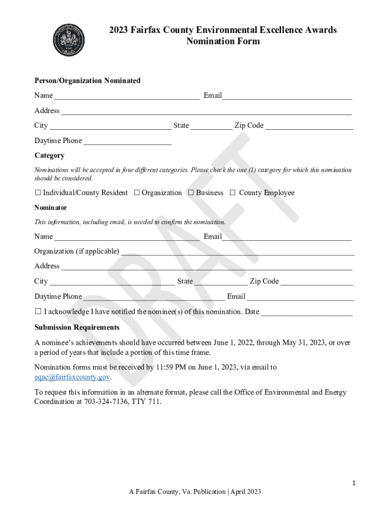 Fillable Online Draft Environmental Excellence Award Nomination Form Fax Email Print - pdfFiller