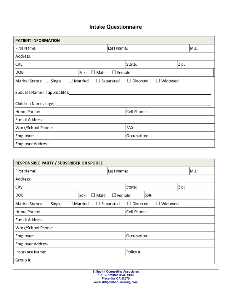 Fillable Online Intake Questionnaire Couple/Marriage Fax Email Print ...