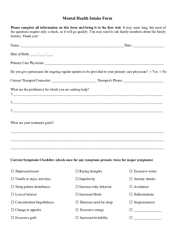 Fillable Online iMind Mental Health and Wellness Intake Form Fax Email ...