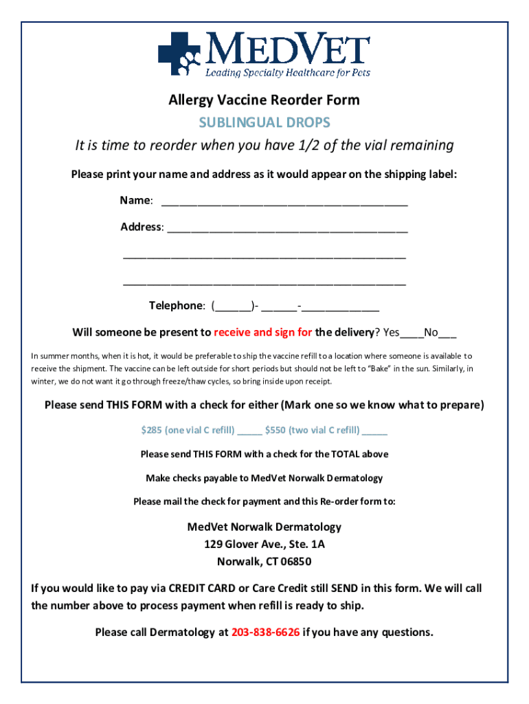 Fillable Online Allergy Serum / Immunotherapy Refill Request Form Fax ...