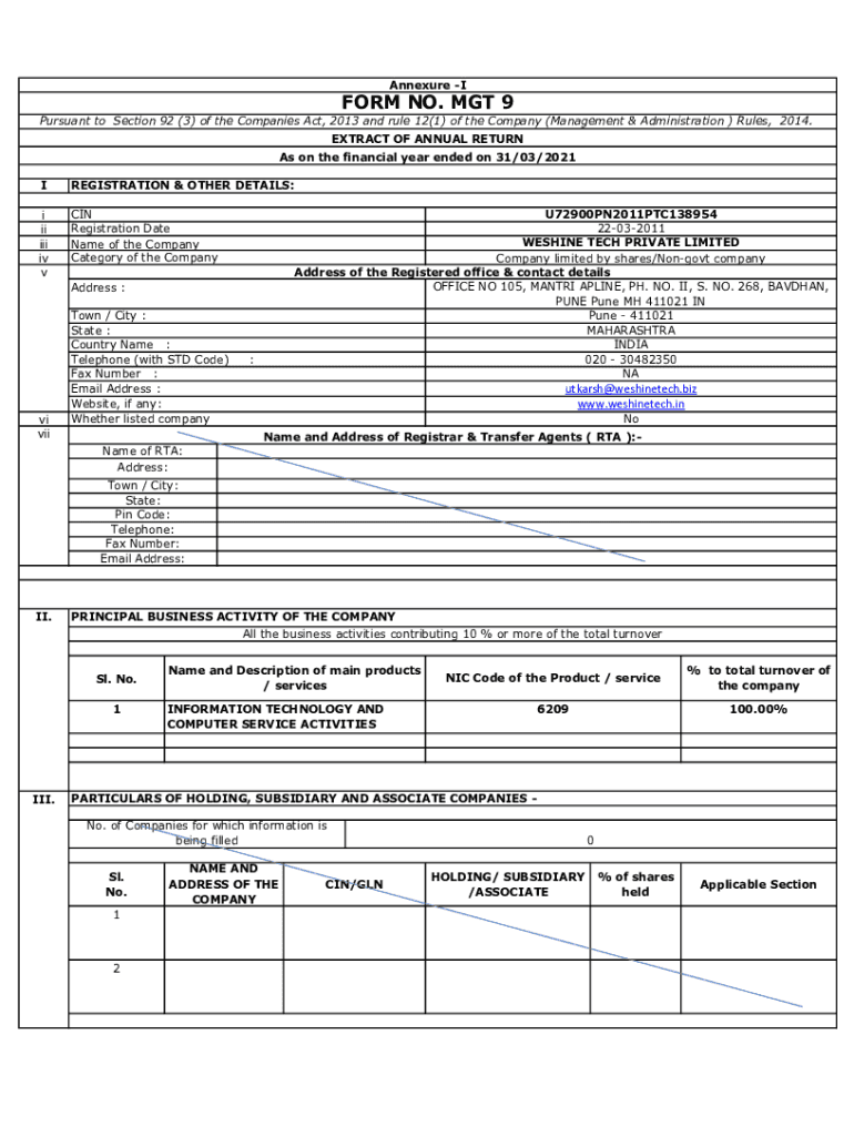 Fillable Online The requirement to prepare and annex Form No. MGT-9 ...