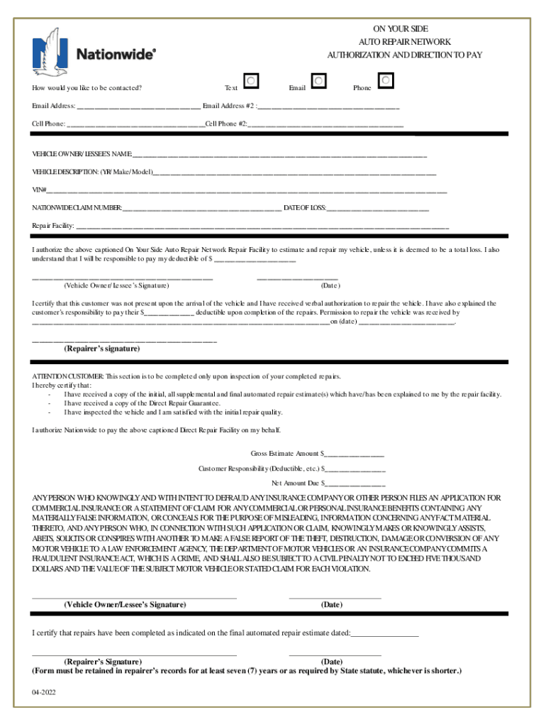 Fillable Online authorization to repair & direction to pay Fax Email ...