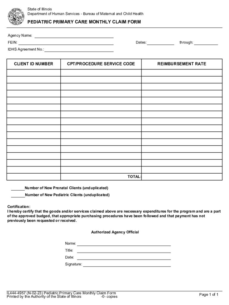 Fillable Online PEDIATRIC PRIMARY CARE MONTHLY CLAIM FORM Fax Email ...
