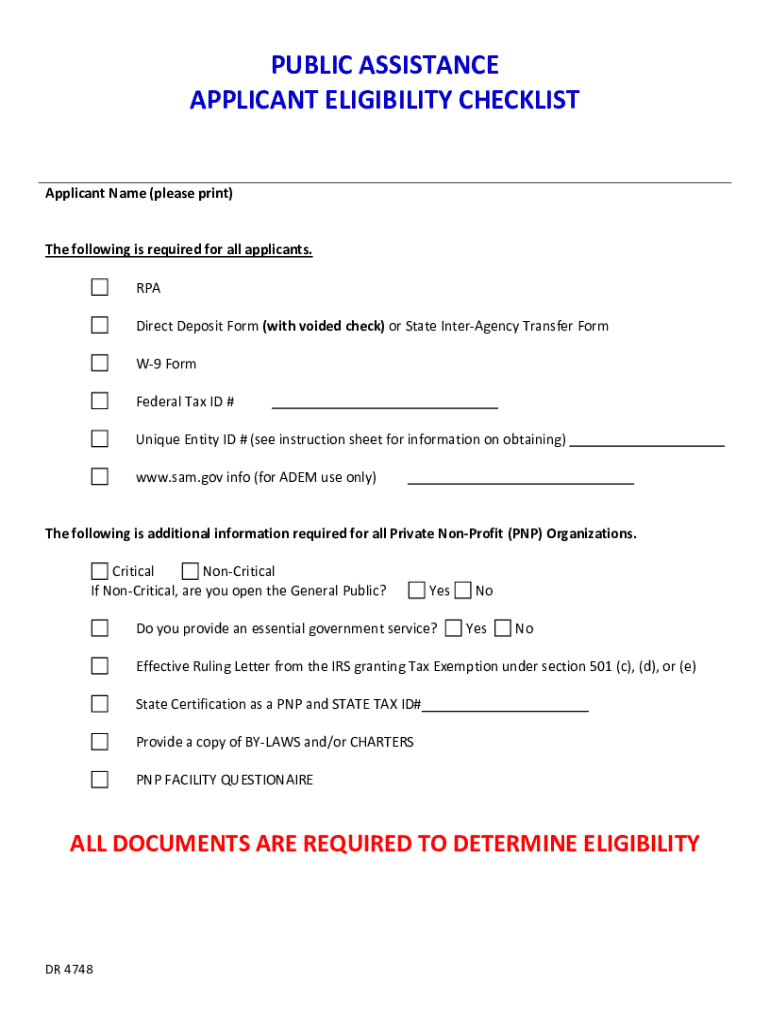 Fillable Online PUBLIC ASSISTANCE APPLICANT ELIGIBILITY CHECKLIST Fax Email Print - pdfFiller